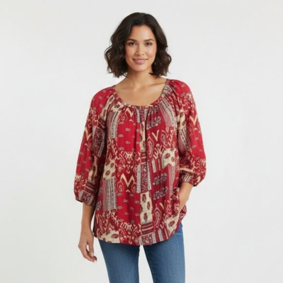 Chaps | Tops | Chaps Blouse Red Aztec Southwestern Bohemian Festival ...